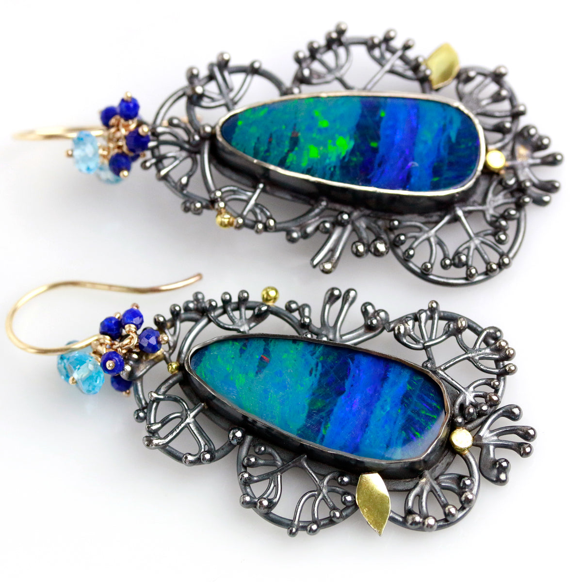 SOLD Blue Green Opals Framed in Sprouts Dangle Earrings– Wendy Stauffer